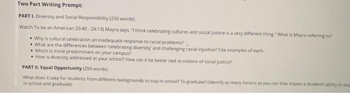 Two Part Writing Prompt: PART 1. Diversity and Social | Chegg.com