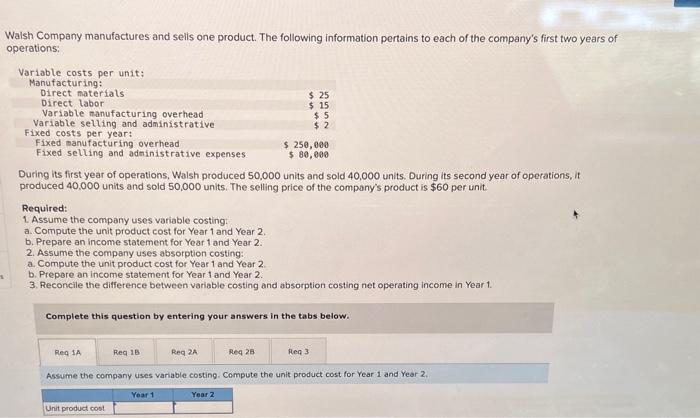 Solved Nalsh Company manufactures and selis one product. The | Chegg.com