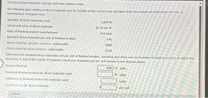 Solved Standard Direct Materials Cost per Unit from Variance | Chegg.com