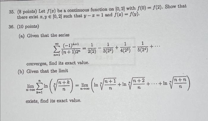 Solved 35. (8 points) Let f(x) be a continuous function on | Chegg.com