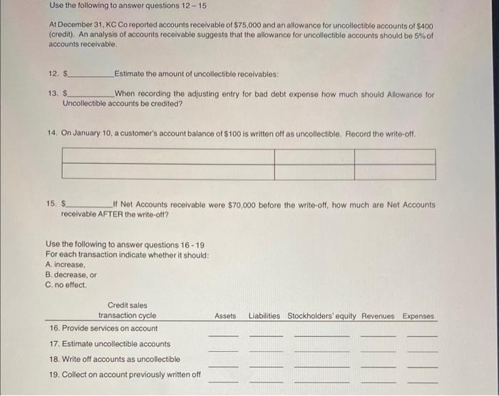 Solved At December 31, KC Co reported accounts recelvable of | Chegg.com