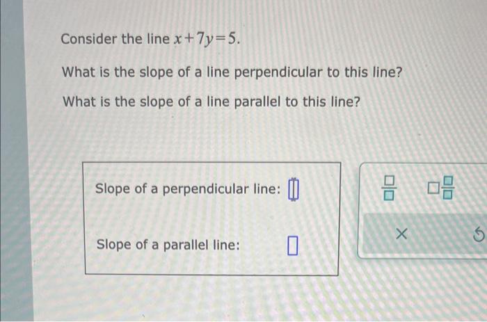 Solved Consider the line x+7y=5. What is the slope of a line | Chegg.com