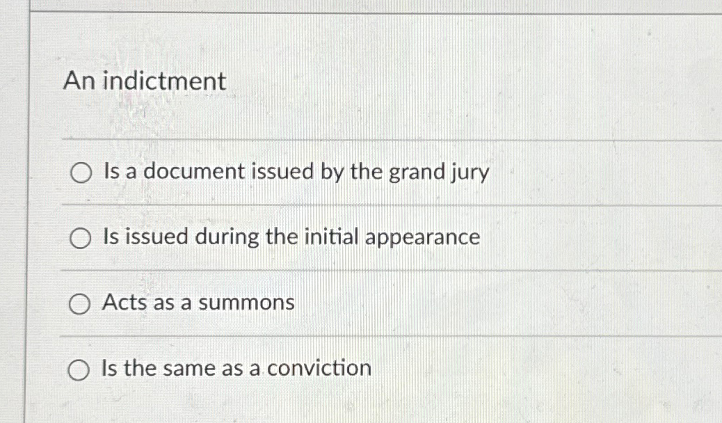 Solved An indictmentIs a document issued by the grand juryIs | Chegg.com