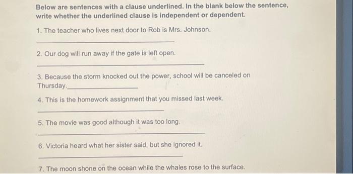 Below are sentences with a clause underlined. In the | Chegg.com