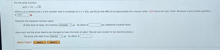 Solved For the price function p(x)=10−3x s Interpret the | Chegg.com