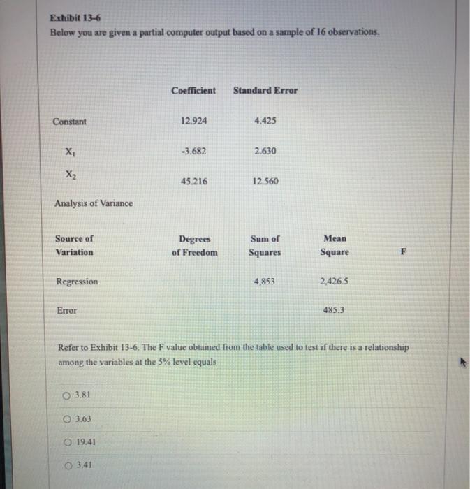 Solved Exhibit 13-6 Below you are given a partial computer | Chegg.com