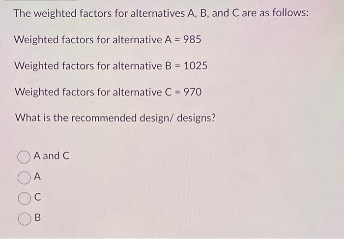 Solved The weighted factors for alternatives A,B, and C are | Chegg.com