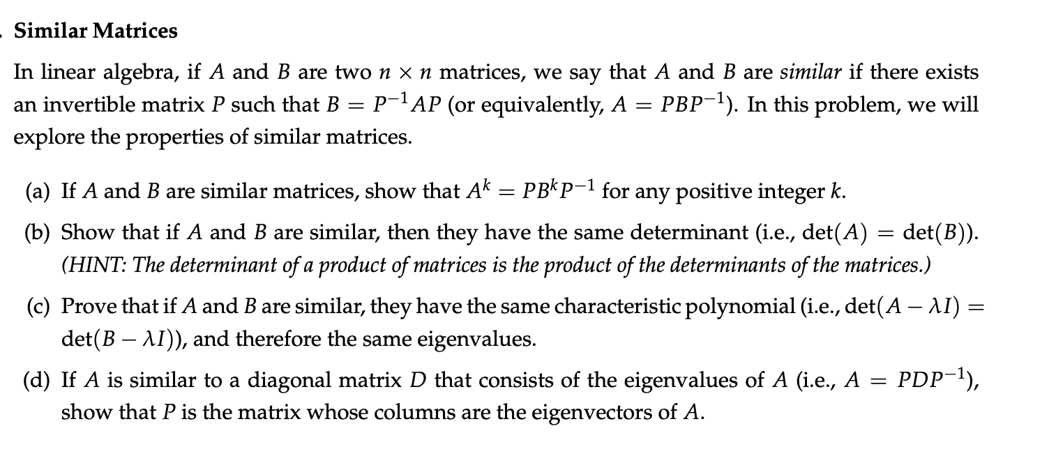 Solved Similar MatricesIn linear algebra, if A and B ﻿are | Chegg.com