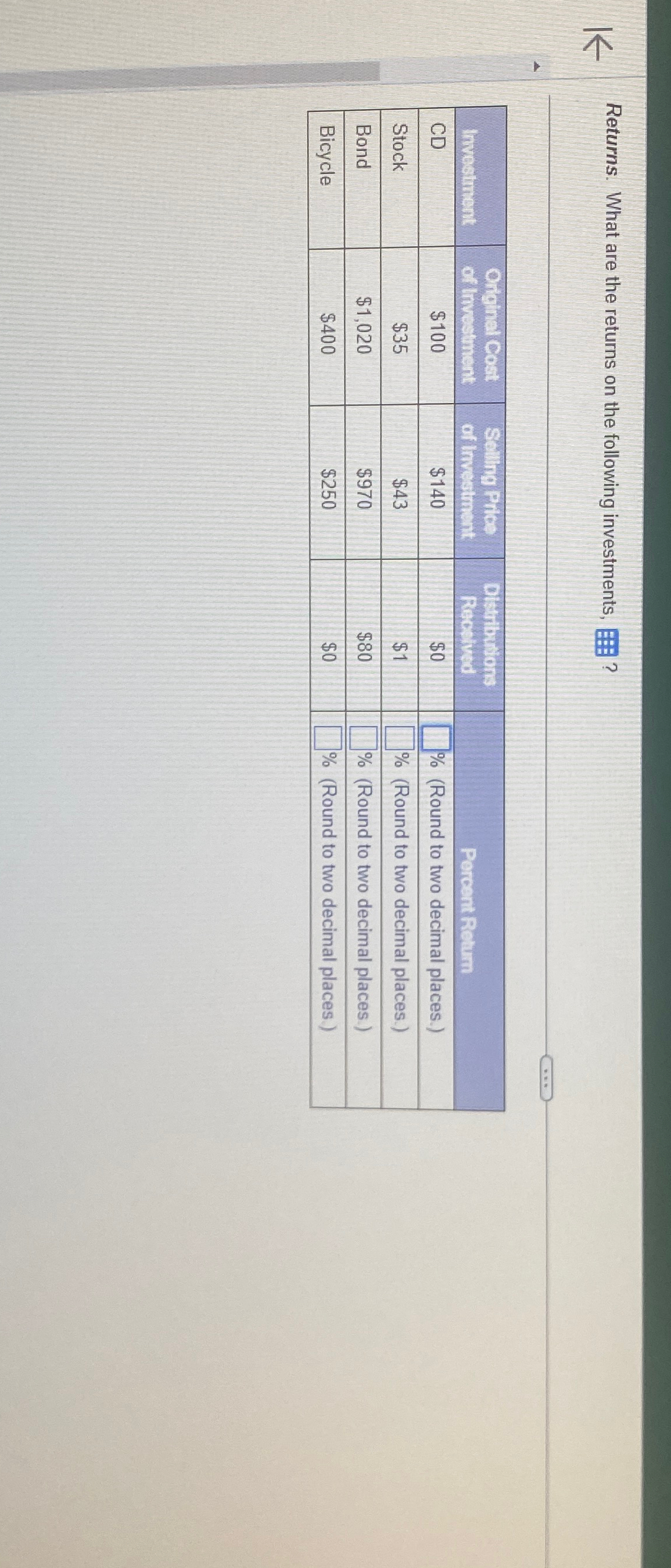Solved Returns. What are the returns on the following | Chegg.com