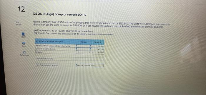 Solved 12 QS 25-9 (Algo) Scrap or rework LO P2 05 po Garcia | Chegg.com