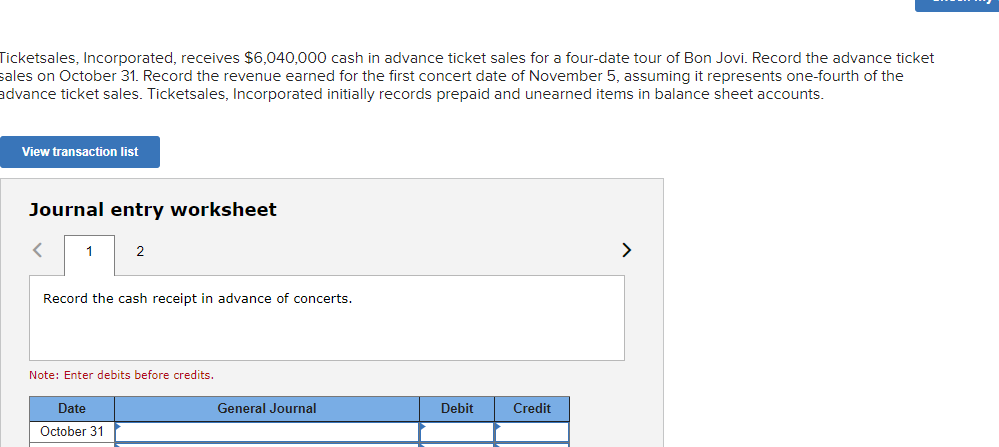 Solved Ticketsales, Incorporated, receives $6,040,000 ﻿cash | Chegg.com