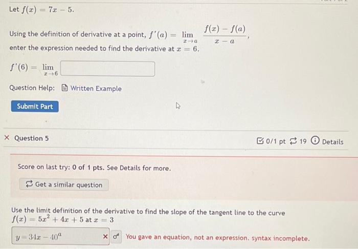 Solved Let f(x)=7x−5 Using the definition of derivative at a | Chegg.com