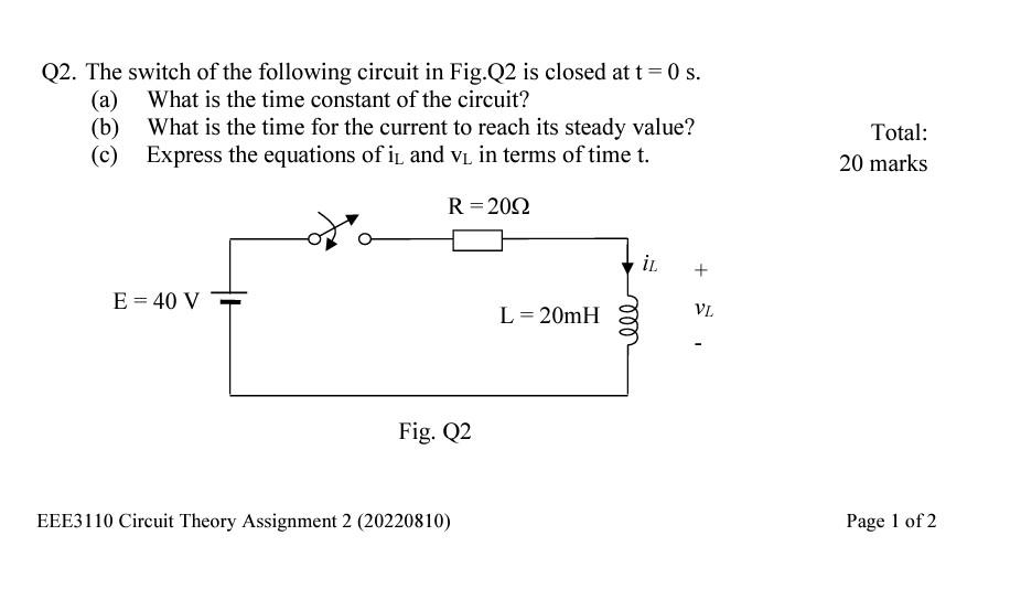Solved Q2. The switch of the following circuit in Fig.Q2 is | Chegg.com