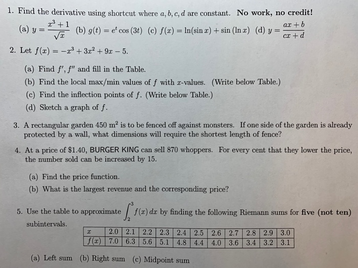 Solved 1. Find the derivative using shortcut where a, b, c, | Chegg.com