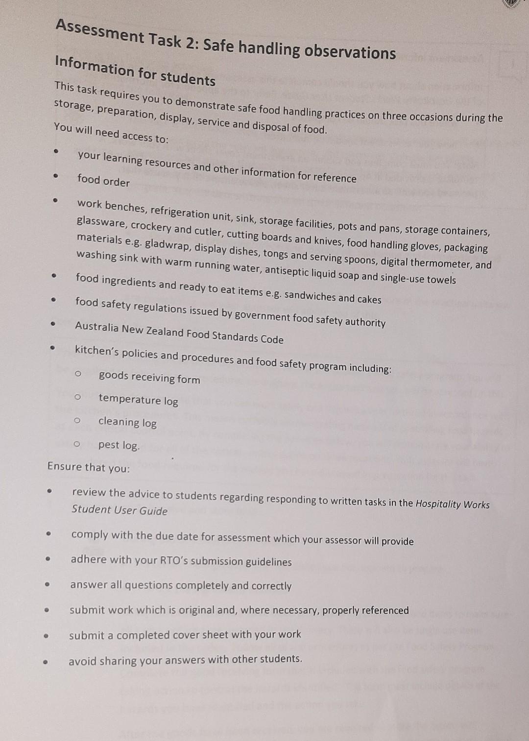 Assessment Task 2: Safe handling observations | Chegg.com