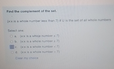 Solved Find the complement of the set. ﻿is a whole number | Chegg.com