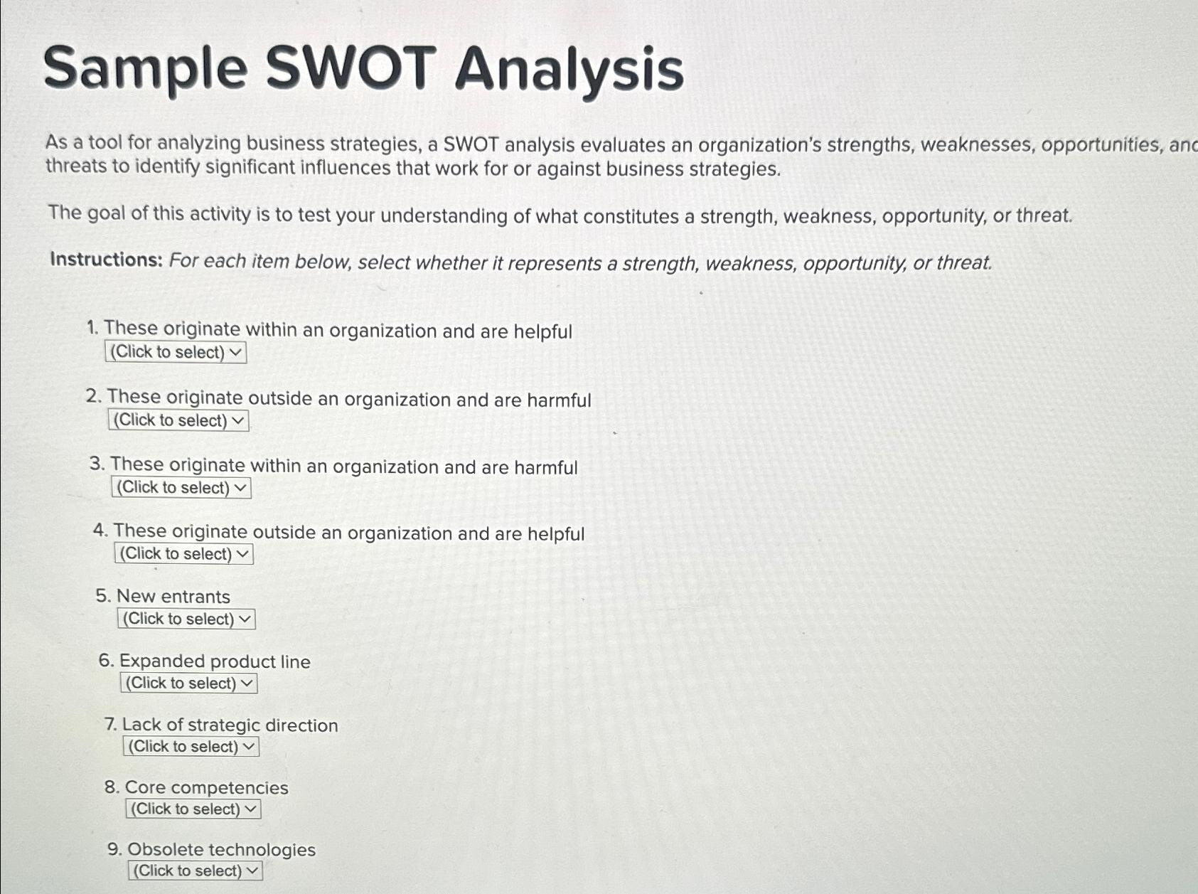 Solved Sample SWOT AnalysisAs a tool for analyzing business | Chegg.com