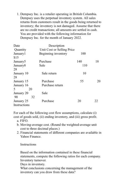 1. Dempsey Inc. is a retailer operating in British | Chegg.com