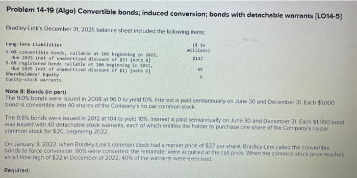 Solved Problem 14-19 (Algo) Convertible bonds; induced | Chegg.com