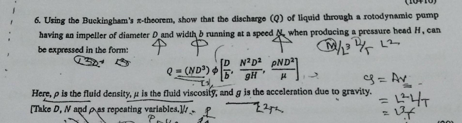 Solved 6. Using the Buckingham's π-theorem, show that the | Chegg.com
