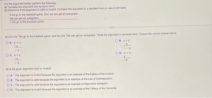 Solved For the argument below, perform the following. a) | Chegg.com