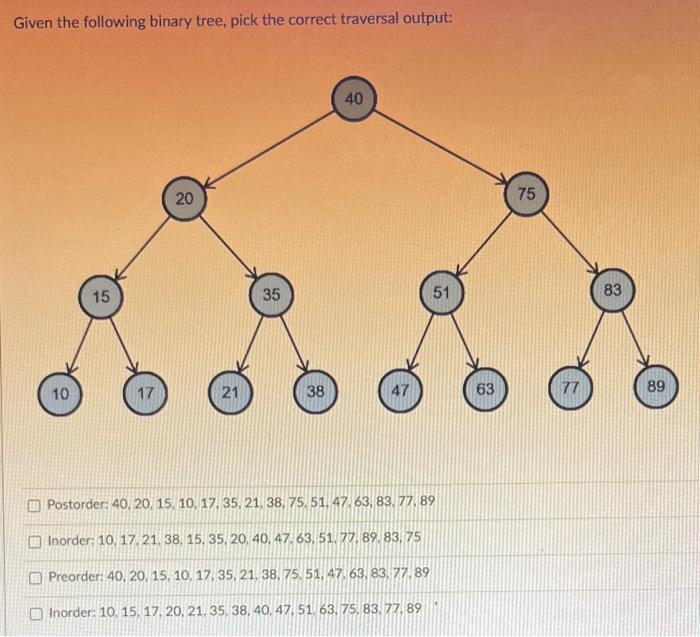 Solved Given the following binary tree, pick the correct | Chegg.com