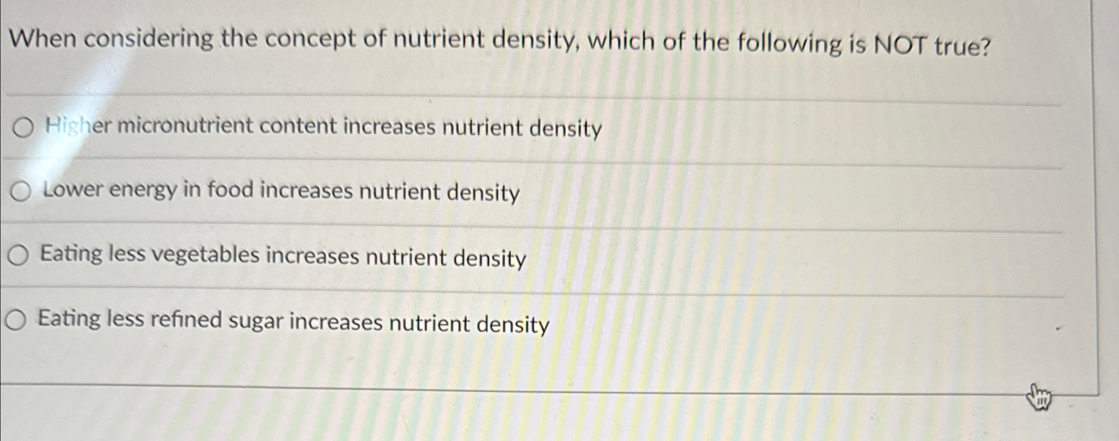 Solved When considering the concept of nutrient density, | Chegg.com