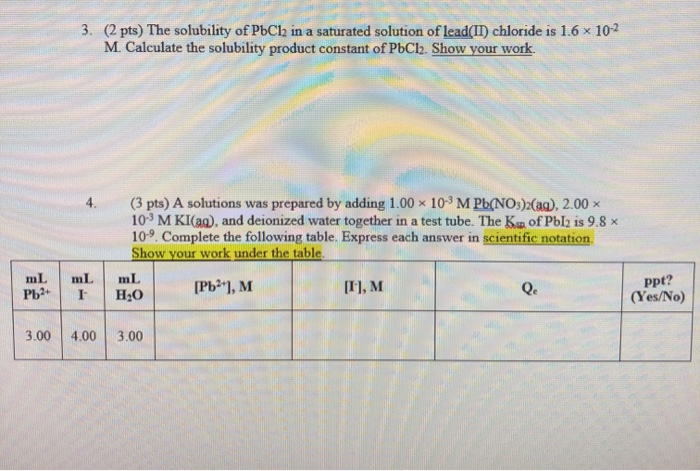Solved 3. (2 pts) The solubility of PbCl2 in a saturated | Chegg.com