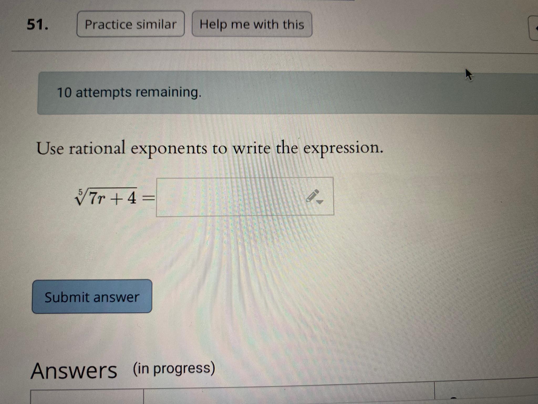 Solved 10 ﻿attempts remaining.Use rational exponents to | Chegg.com
