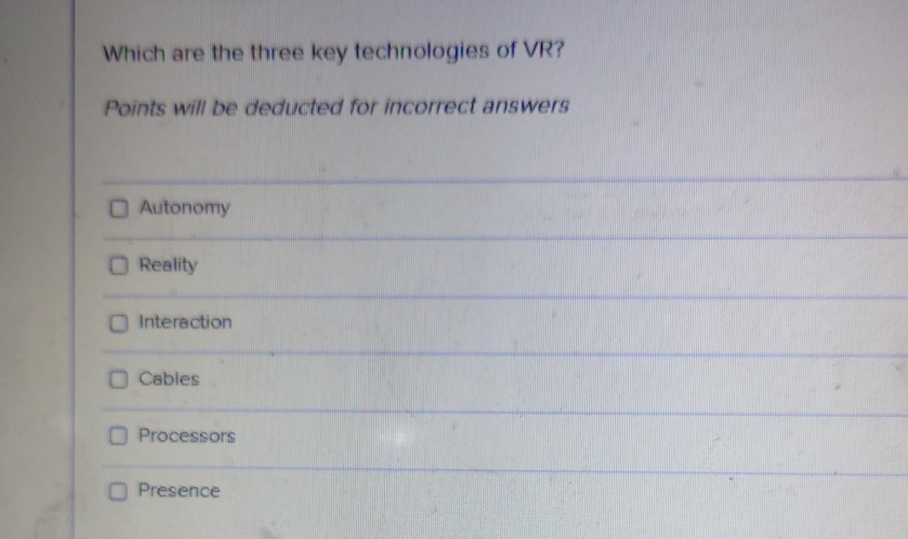 Solved Which are the three key technologies of VR? Points | Chegg.com