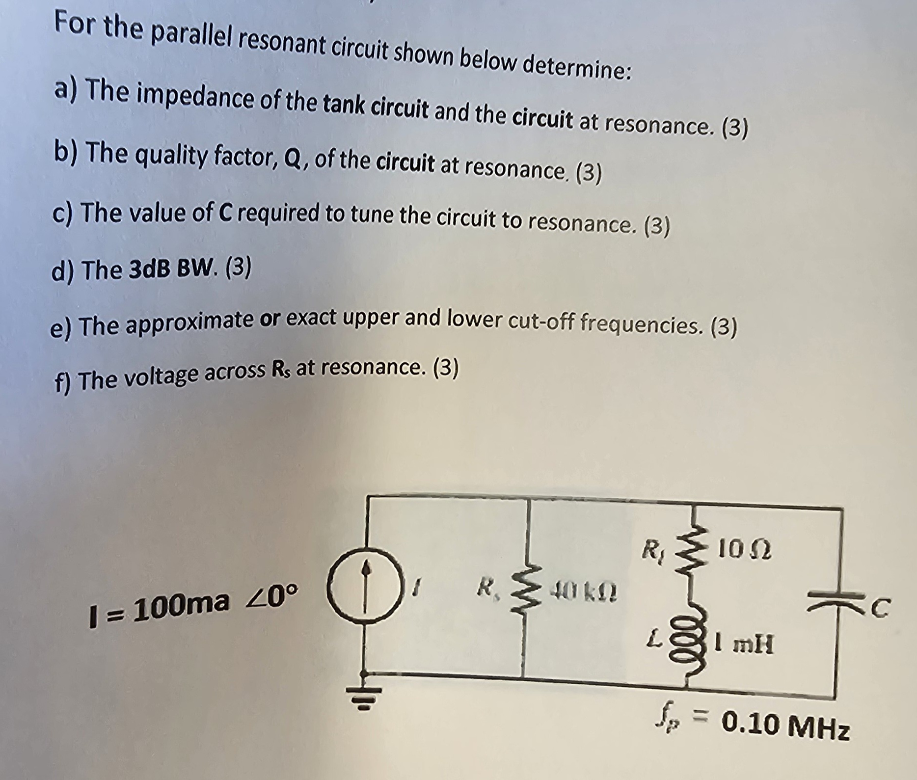 Solved For the parallel resonant circuit shown below | Chegg.com