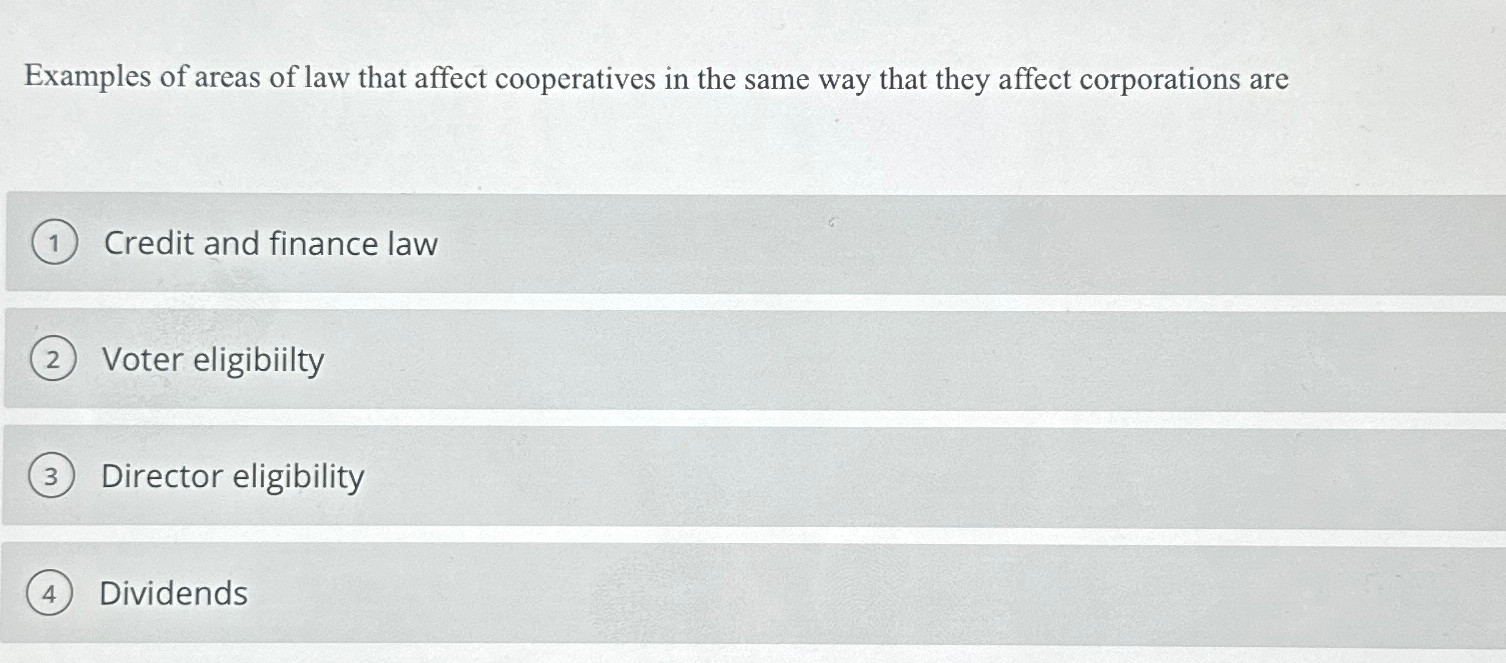 Solved Examples of areas of law that affect cooperatives in | Chegg.com