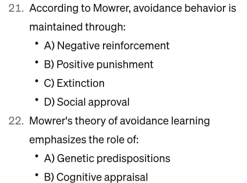 Solved According to Mowrer, avoidance behavior is maintained | Chegg.com
