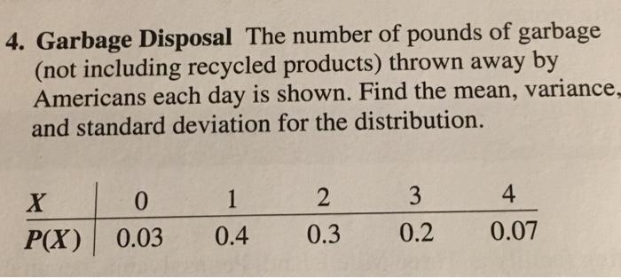 Solved 4. Garbage Disposal The number of pounds of garbage | Chegg.com