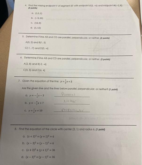 Solved 4. Find the missing endpoint T of segment ET with | Chegg.com