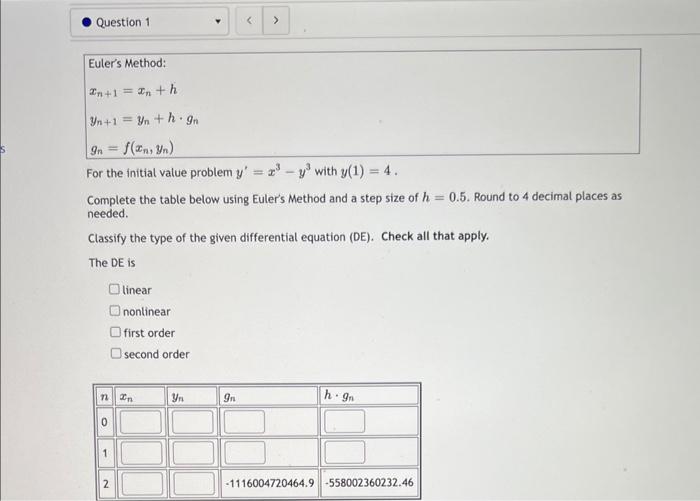 Solved Euler's Method: xn+1=xn+hyn+1=yn+h⋅gngn=f(xn,yn) For | Chegg.com