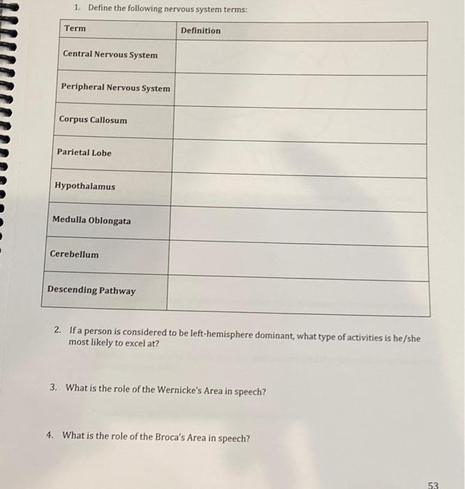 Solved 1. Define the following nervous system terms: 2. If a | Chegg.com