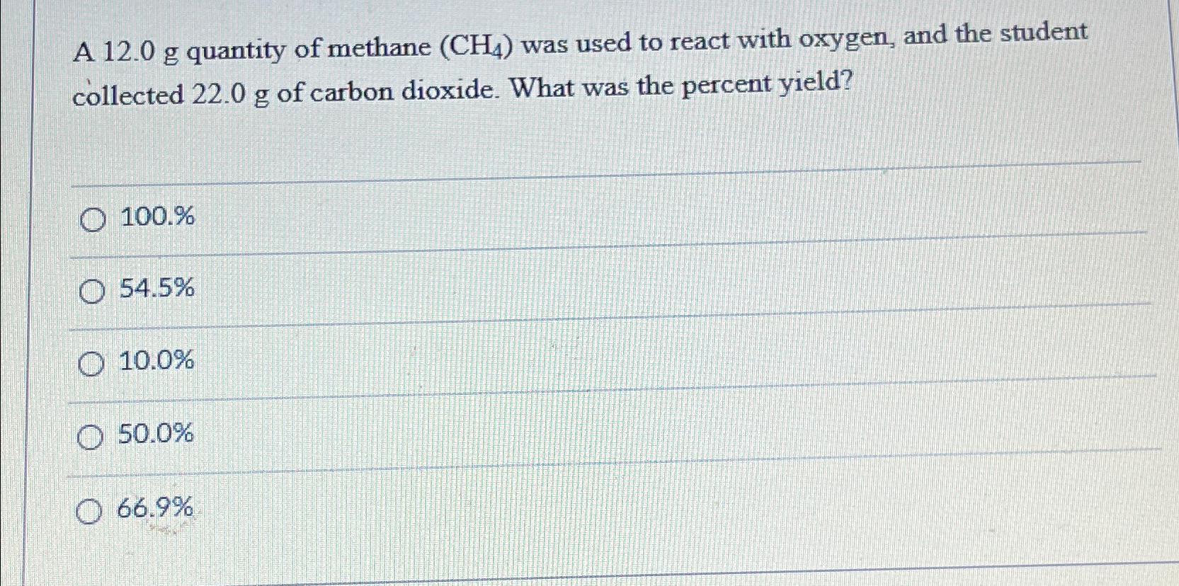 Solved A 12.0g ﻿quantity of methane (CH4) ﻿was used to react | Chegg.com