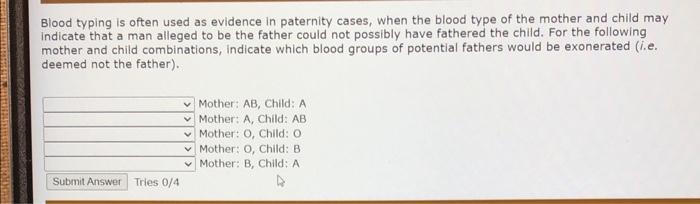 Solved Blood typing is often used as evidence in paternity | Chegg.com