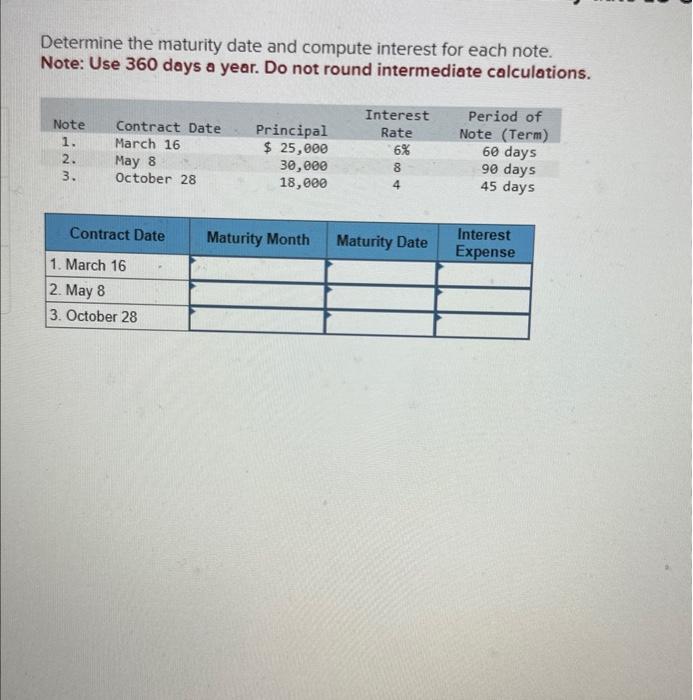 Solved Determine the maturity date and compute interest for | Chegg.com