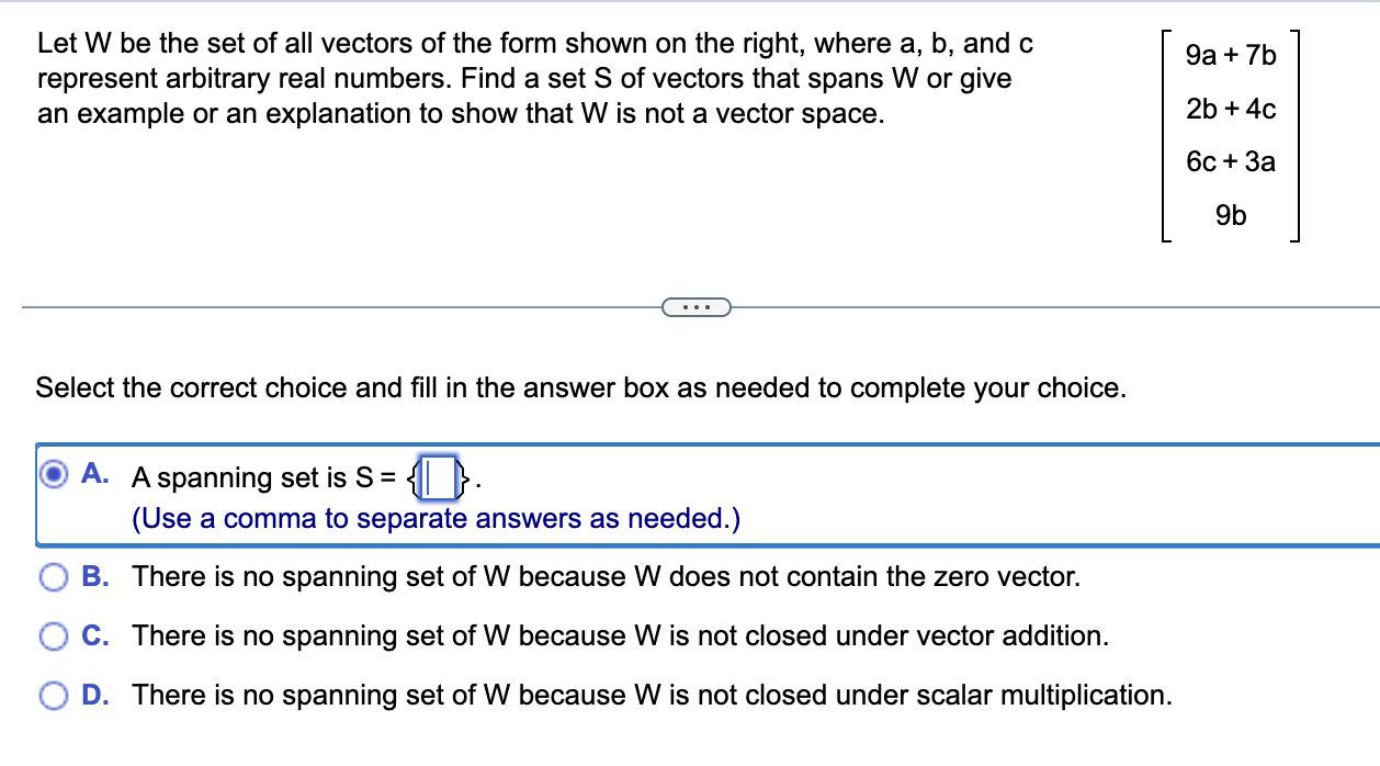 Solved Let W ﻿be the set of all vectors of the form shown on | Chegg.com