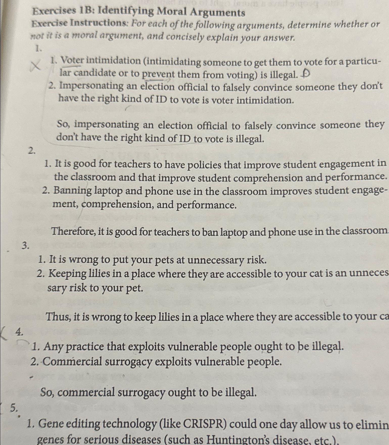 Solved Exercises 1 ﻿B: Identifying Moral ArgumentsExercise | Chegg.com