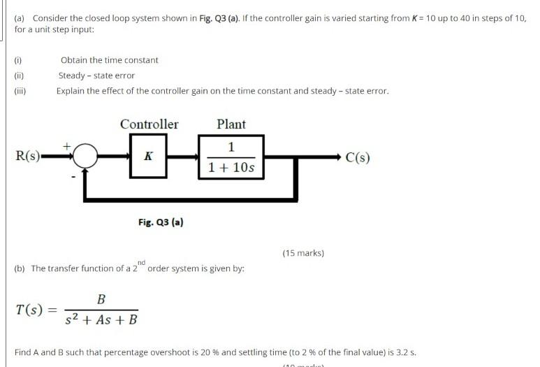 Solved (a) Consider the closed loop system shown in Fig. Q3 | Chegg.com