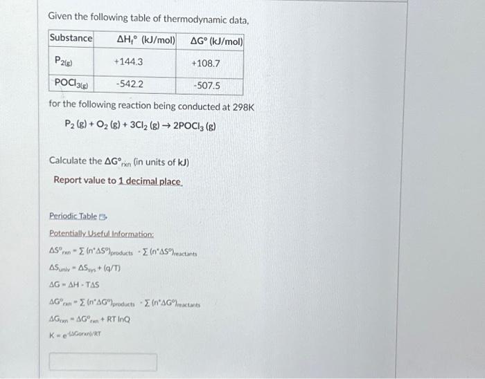 Solved Given the following table of thermodynamic data, for | Chegg.com