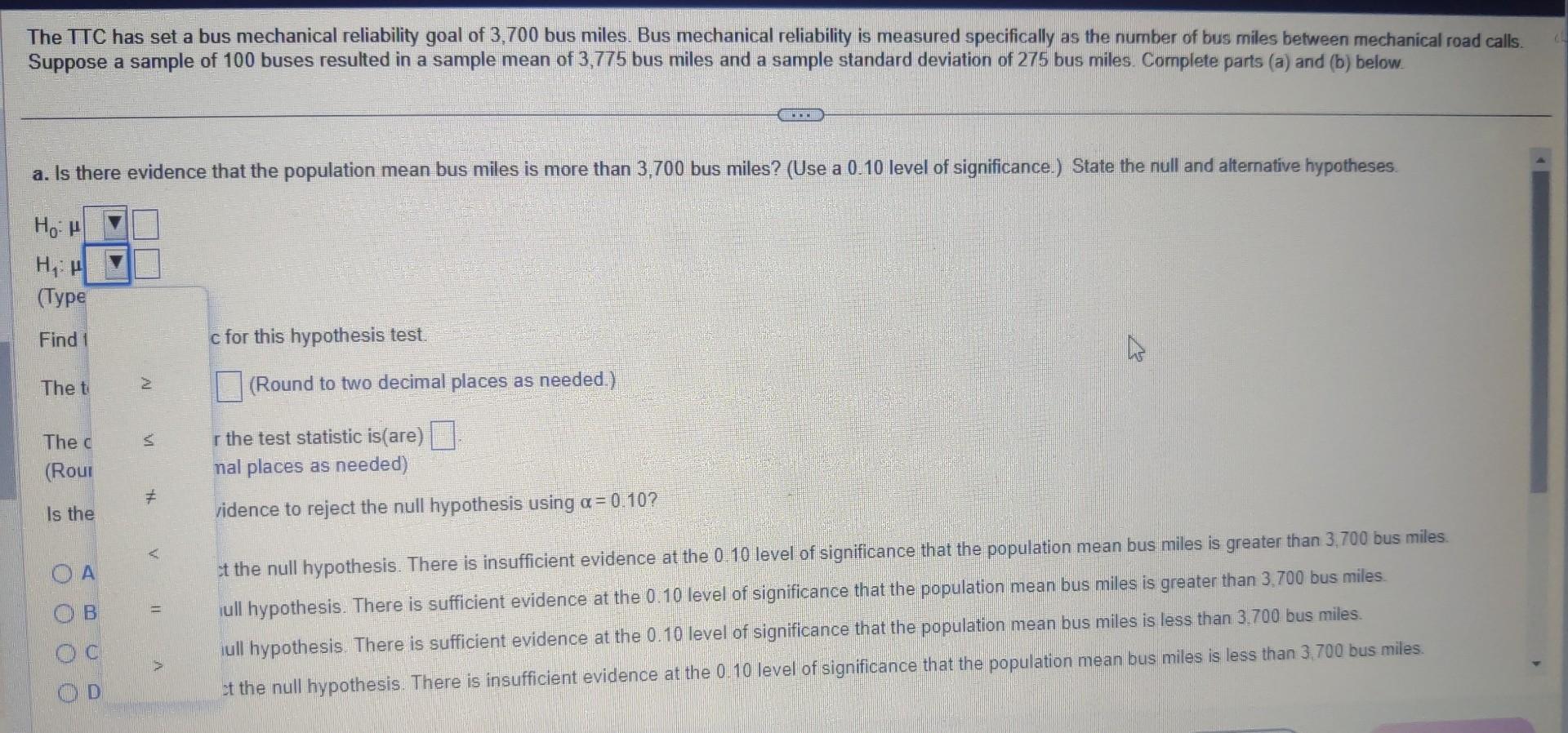 Solved a. Is there evidence that the population mean bus | Chegg.com