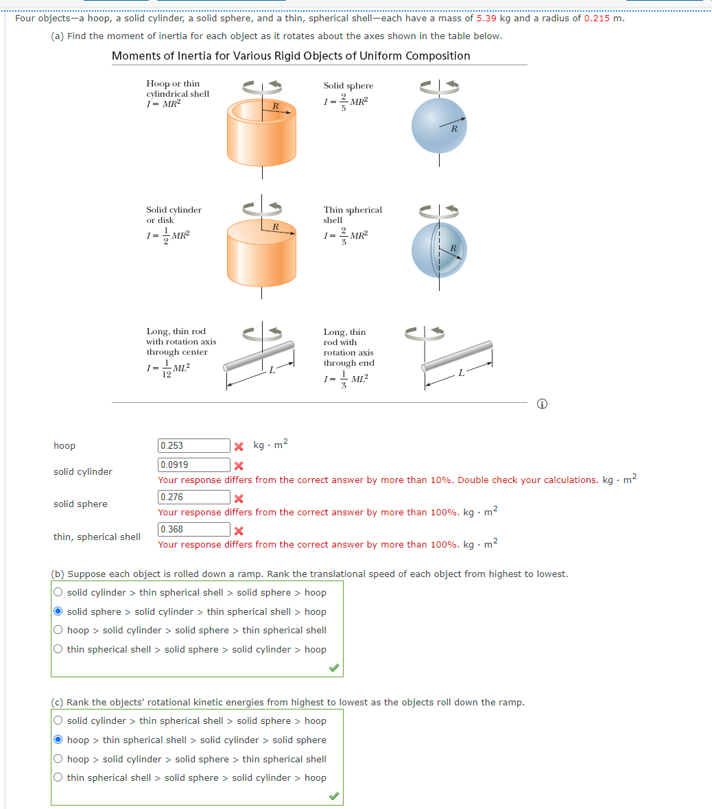 Solved Four objects-a hoop, a solid cylinder, a solid | Chegg.com
