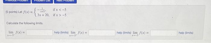 Solved (5 points) Let f(x)={−x+51,3x+20, if x −5 | Chegg.com