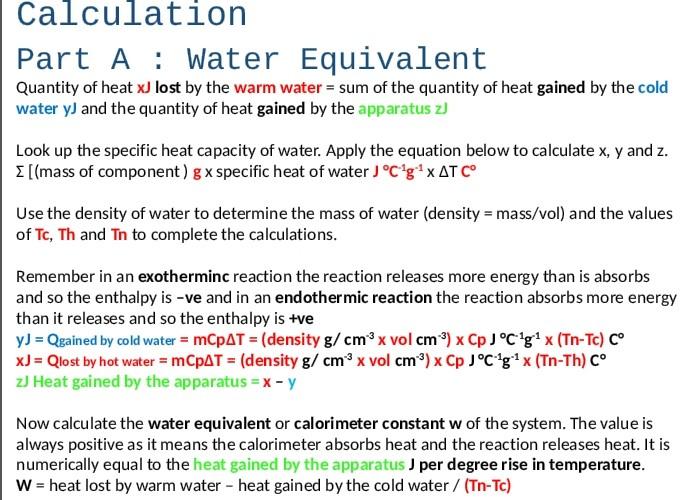 Solved Calculation Part A : Water Equivalent Quantity of | Chegg.com