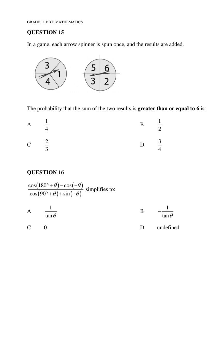 Solved GRADE 11 IeBT: MATHEMATICS QUESTION 15 In a game, | Chegg.com