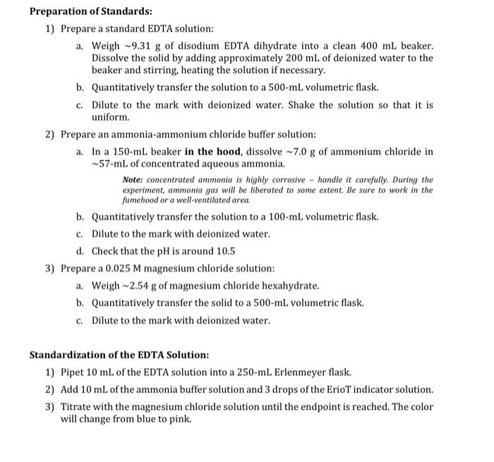 Solved Preparation of Standards: 1) Prepare a standard EDTA | Chegg.com